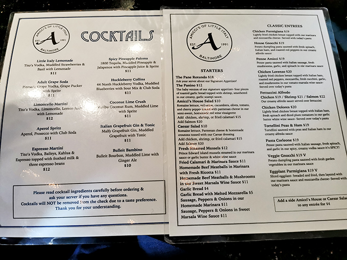 This menu reads like a love letter to Italian-American cuisine, promising adventures in every dish.