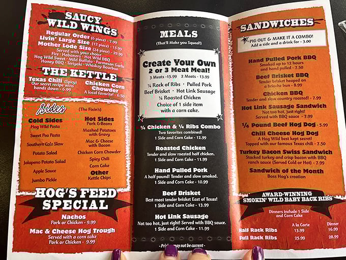 Reading this menu is like getting a love letter from meat heaven. Each section promises smoky delights that'll have you planning your next visit before finishing your first meal.