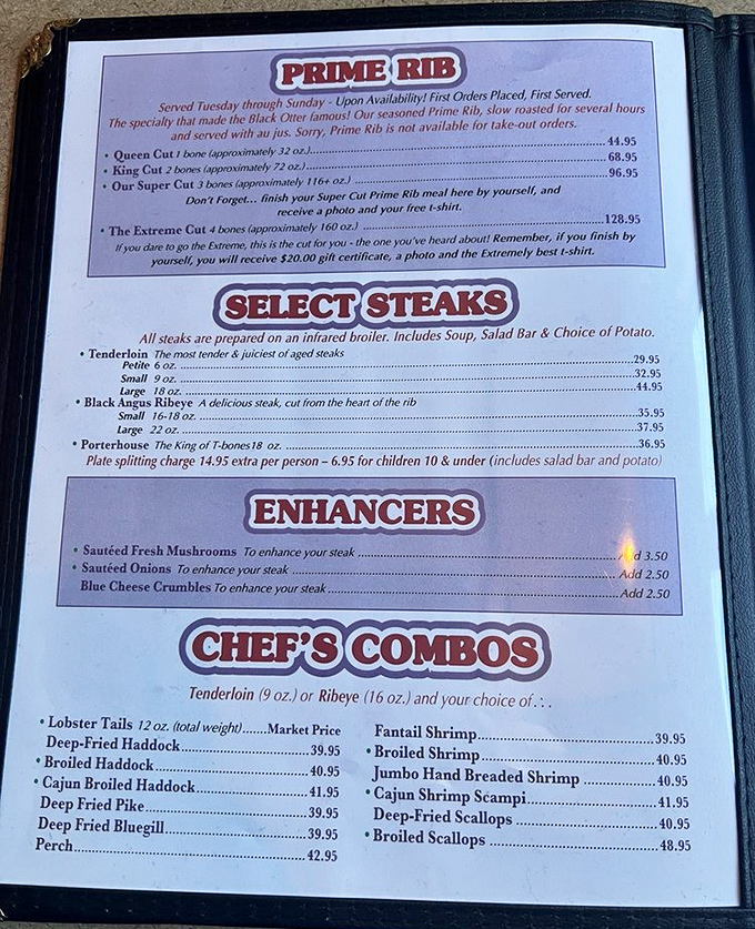 This menu reads like a love letter to carnivores, featuring prime rib cuts that would make cowboys weep.