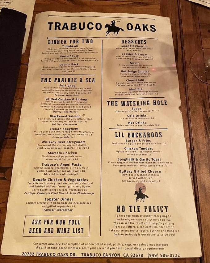 This isn't just a menu; it's a roadmap to carnivore heaven. Notice the "No Tie Policy" warning at the bottom&mdash;they're not kidding!