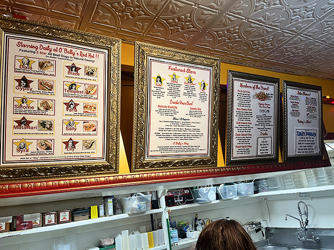 The menu reads like a playbill from a vaudeville show, with each hot dog creation named after burlesque performers. Dinner and a show, minus the cover charge!