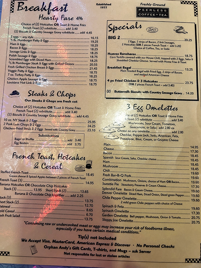 This menu isn't just a list of options&mdash;it's a roadmap to breakfast nirvana with classics executed to perfection. The hardest part? Deciding what to order.