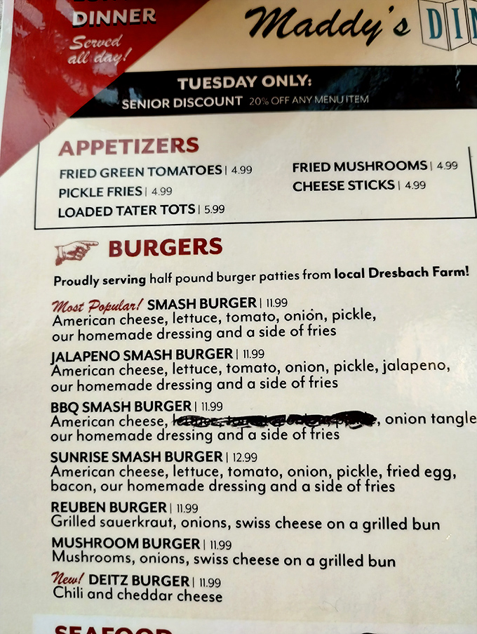 The menu at Maddy's doesn't mess around. Those Smash Burgers from local Dresbach Farm are what food dreams are made of.