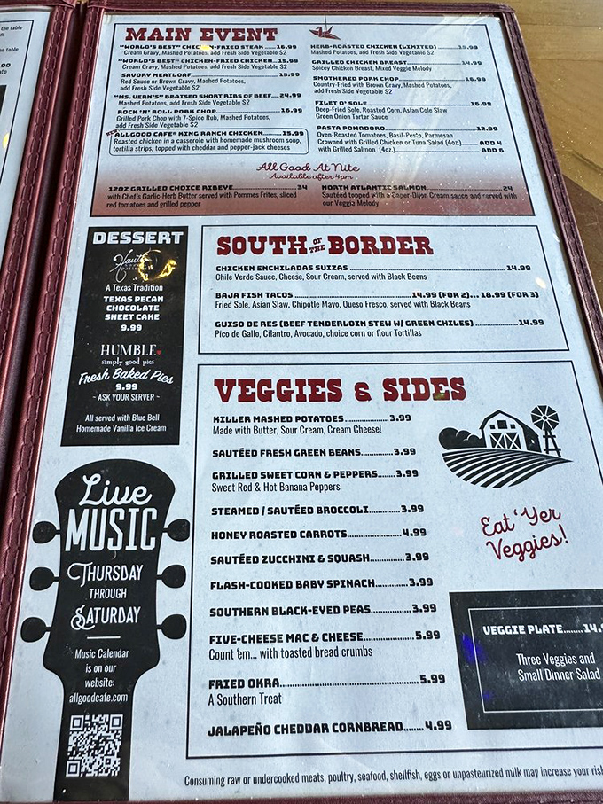 A menu that reads like a love letter to Texas comfort food. Decision paralysis has never felt so delicious.