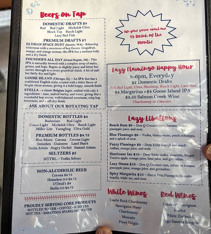 The drink menu reads like a love letter to vacation mode&mdash;Beach Bum, Blue Flamingo, and Hurricane Ian await your thirsty approval.