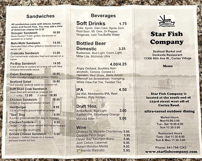 A menu that reads like poetry to seafood lovers&mdash;straightforward offerings with zero pretension and maximum flavor potential.