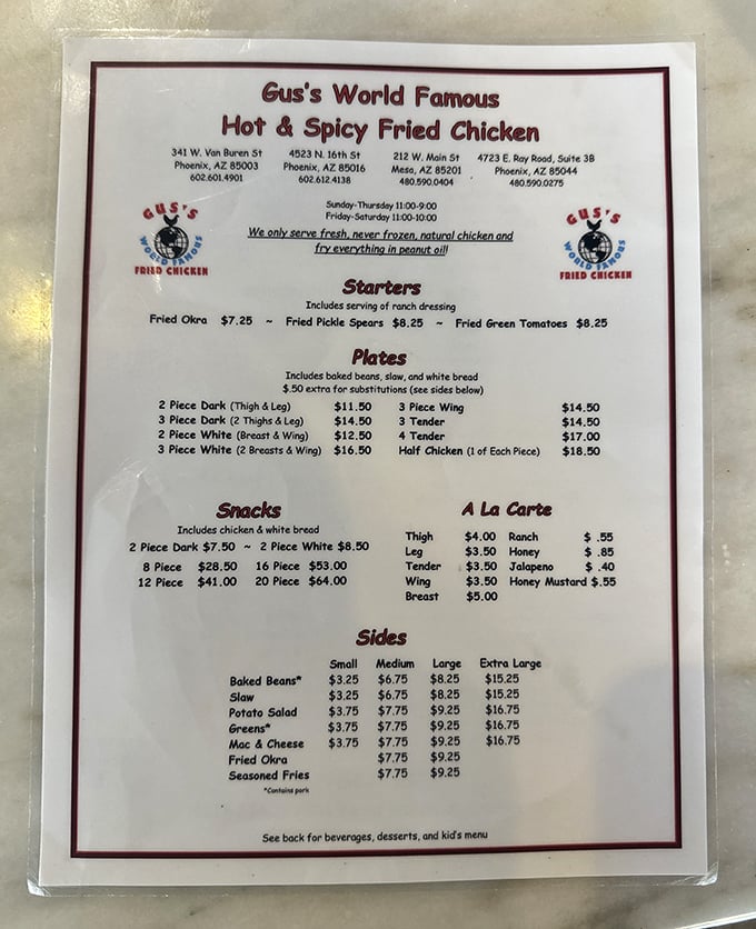 A menu that doesn't need fancy descriptions or culinary buzzwords—just the promise of perfectly fried chicken that speaks for itself.