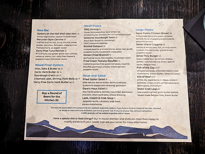This isn't just a menu&mdash;it's a maritime treasure map where X marks the spot for oysters, shrimp, and seafood bliss.