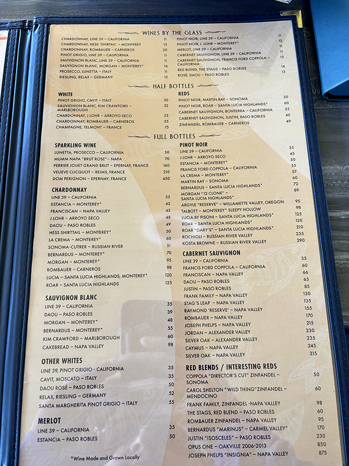 The wine list reads like a who's who of California vineyards, proving that finding the perfect pairing for seafood is serious business here.