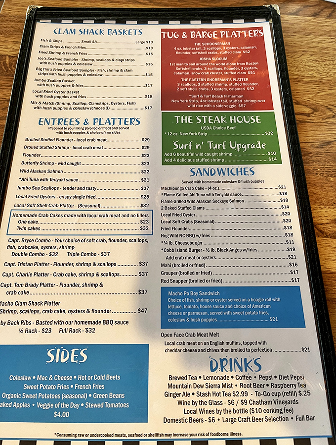 This menu isn't just a list of dishes&mdash;it's a treasure map to seafood nirvana. The "Macho Clam Shack Platter" isn't just a meal, it's a commitment.