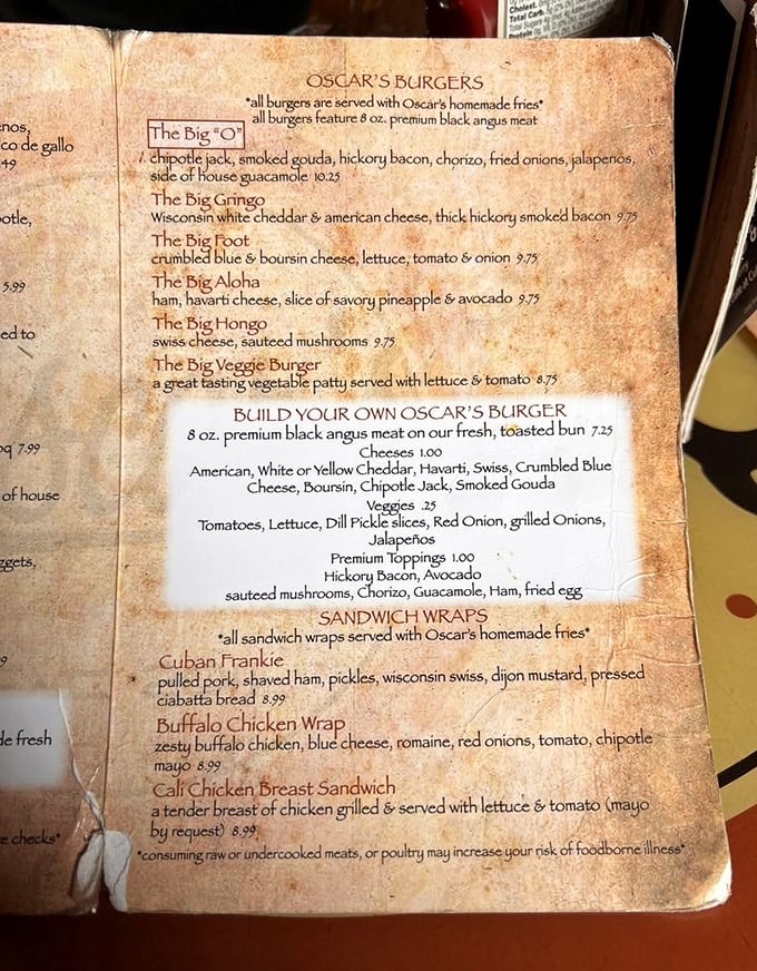 This well-worn menu tells the real story &ndash; these aren't just burgers, they're carefully crafted flavor symphonies with names like "The Big O" and "The Big Aloha."