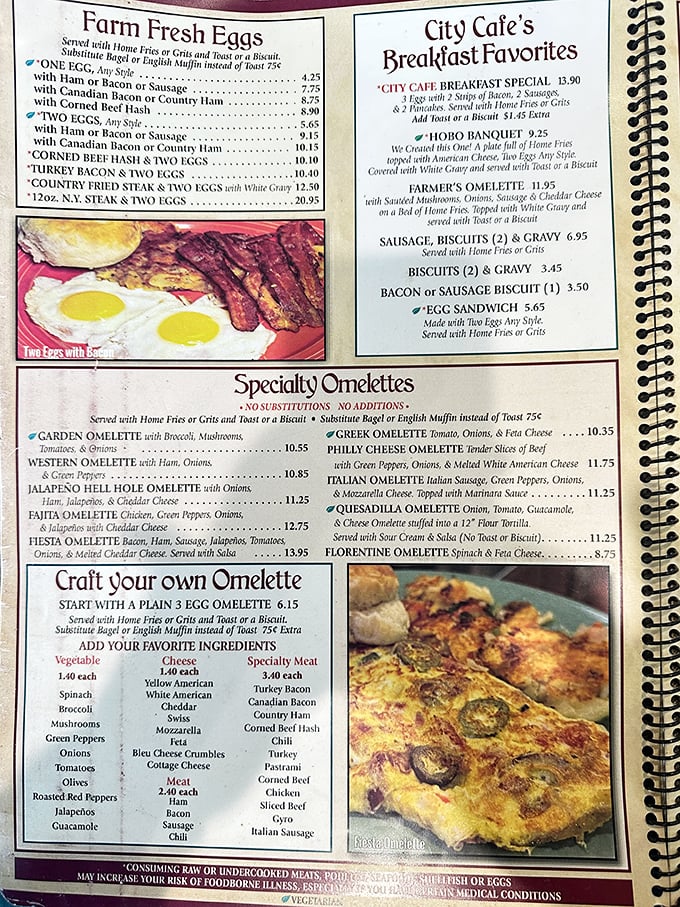The menu reads like a novel of comfort food classics, with the "Jalapeno Hell Hole Omelet" serving as both breakfast option and morning wake-up call.