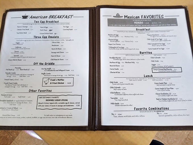 The menu at Brownie's is like a roadmap to comfort—one side leads to American classics, the other to Mexican favorites. Choose your breakfast adventure!