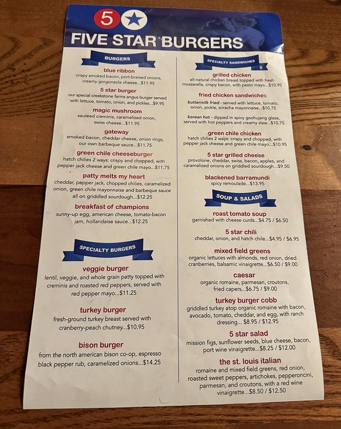This menu isn't just a list&mdash;it's a roadmap to burger paradise. "Patty Melts My Heart" isn't just clever naming; it's truth in advertising.