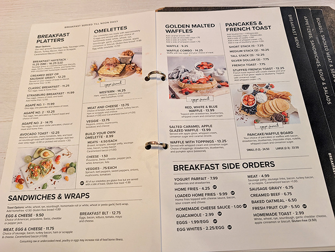 This isn't just a menu&mdash;it's a roadmap to happiness. The breakfast section alone could solve most of life's problems before noon.