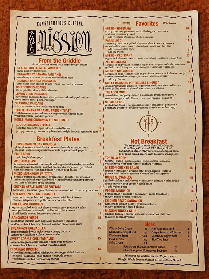 The menu reads like a love letter to breakfast enthusiasts&mdash;"Conscientious Cuisine" isn't just clever marketing; it's the restaurant's morning manifesto.