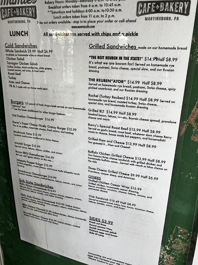 A menu that reads like a love letter to comfort food. That "Best Reuben in the State" claim isn't just bold marketing&mdash;it's fighting words in Pennsylvania.