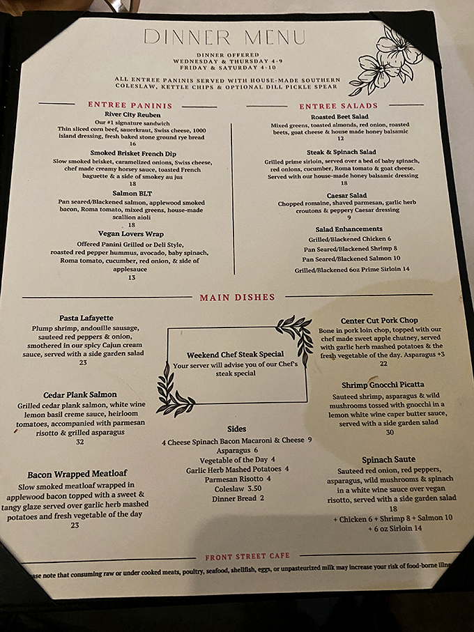 The dinner menu reads like a love letter to comfort food classics. Each description promises a meal worth crossing county lines for. 