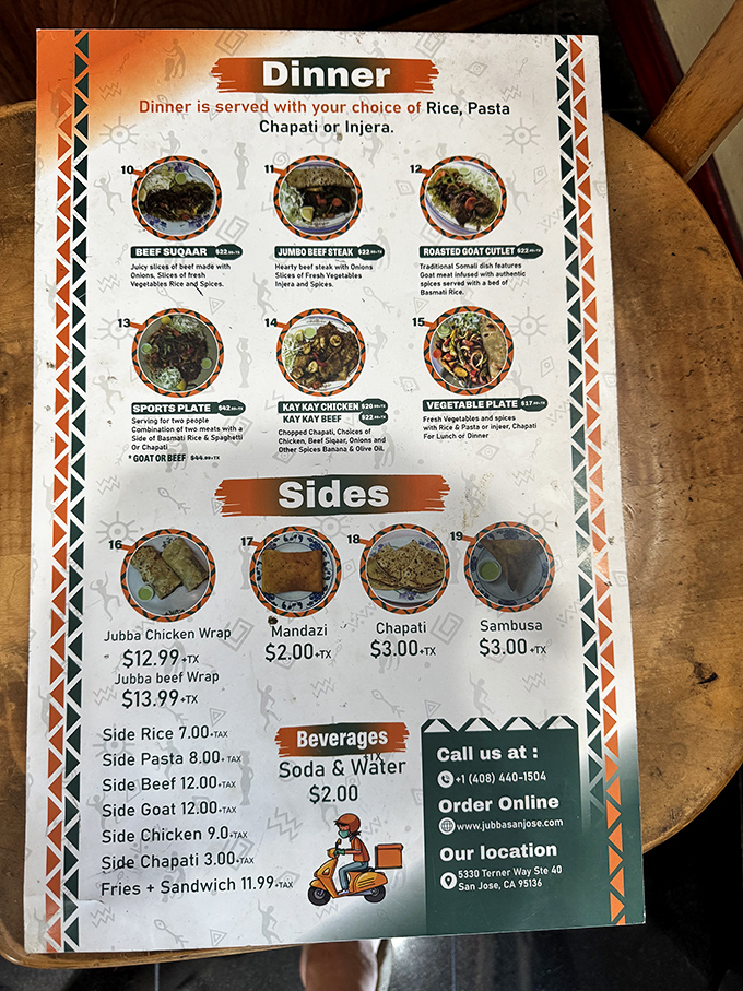 This menu isn't just a list of dishes; it's a passport to East African culinary adventures where the roasted goat cutlet reigns supreme.