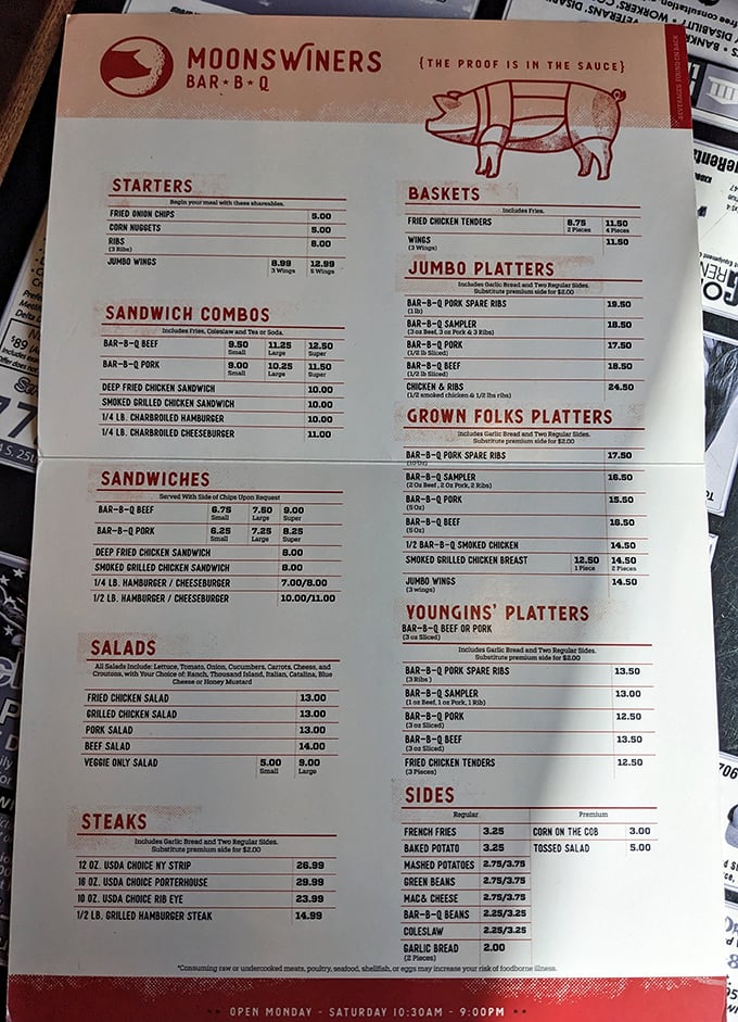 A menu that reads like poetry to meat lovers. Notice how they call kids' meals "Youngins' Platters"&mdash;that's how you know the BBQ is authentic.