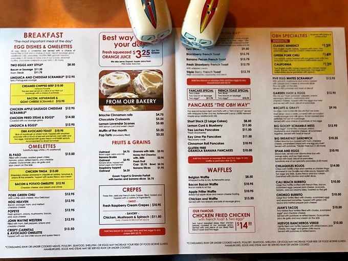 A menu that doesn't just list food&mdash;it presents life choices. Each yellow highlight represents a path to breakfast nirvana.