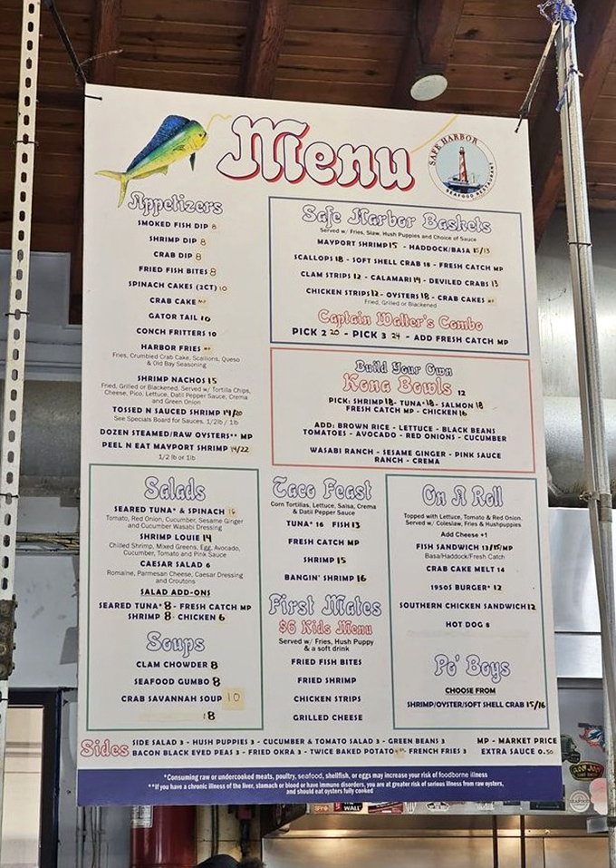 This menu board reads like a love letter to the Gulf, with prices that won't require a second mortgage.