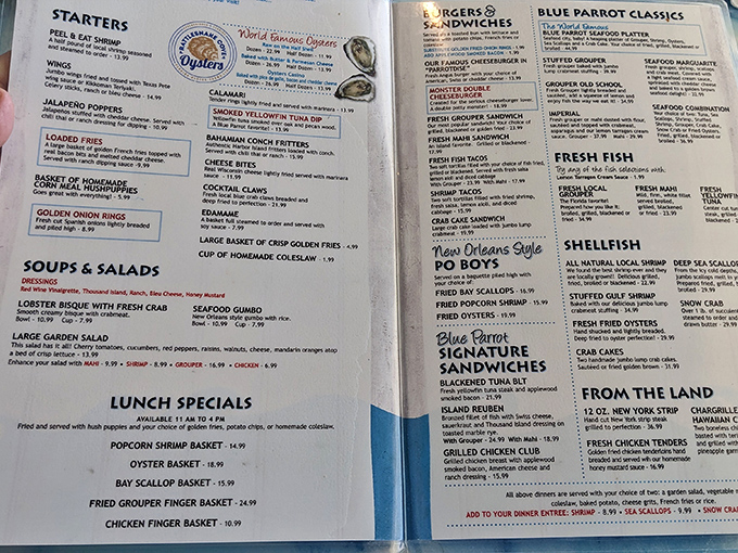 A menu that reads like a love letter to the Gulf&mdash;where "Famous Grouper Sandwich" isn't marketing speak, it's a local promise.