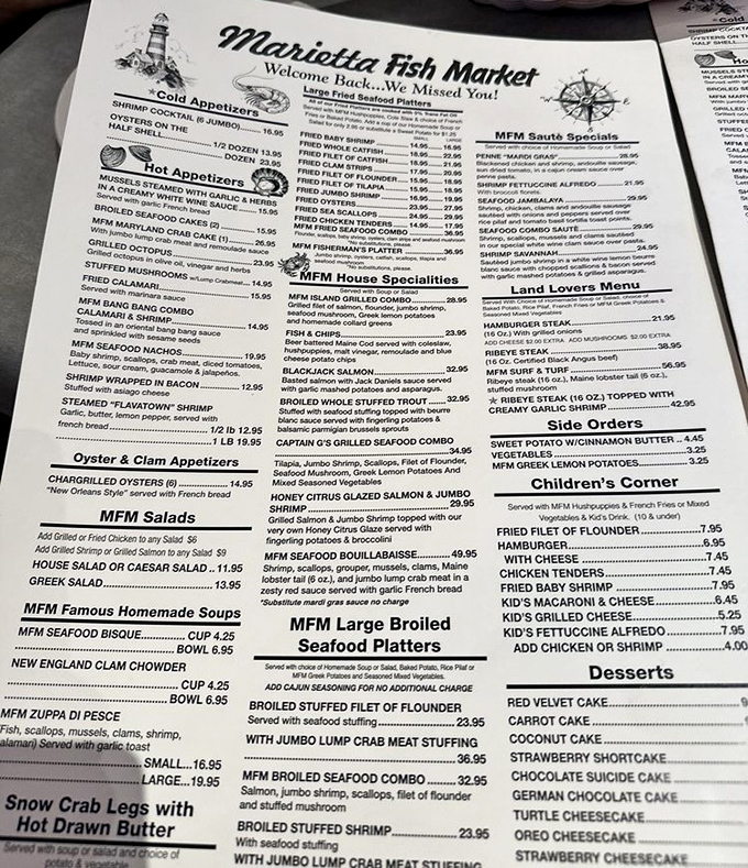 The menu at Marietta Fish Market is practically a novel of seafood possibilities, from "Flavatony" shrimp to chocolate suicide cake.