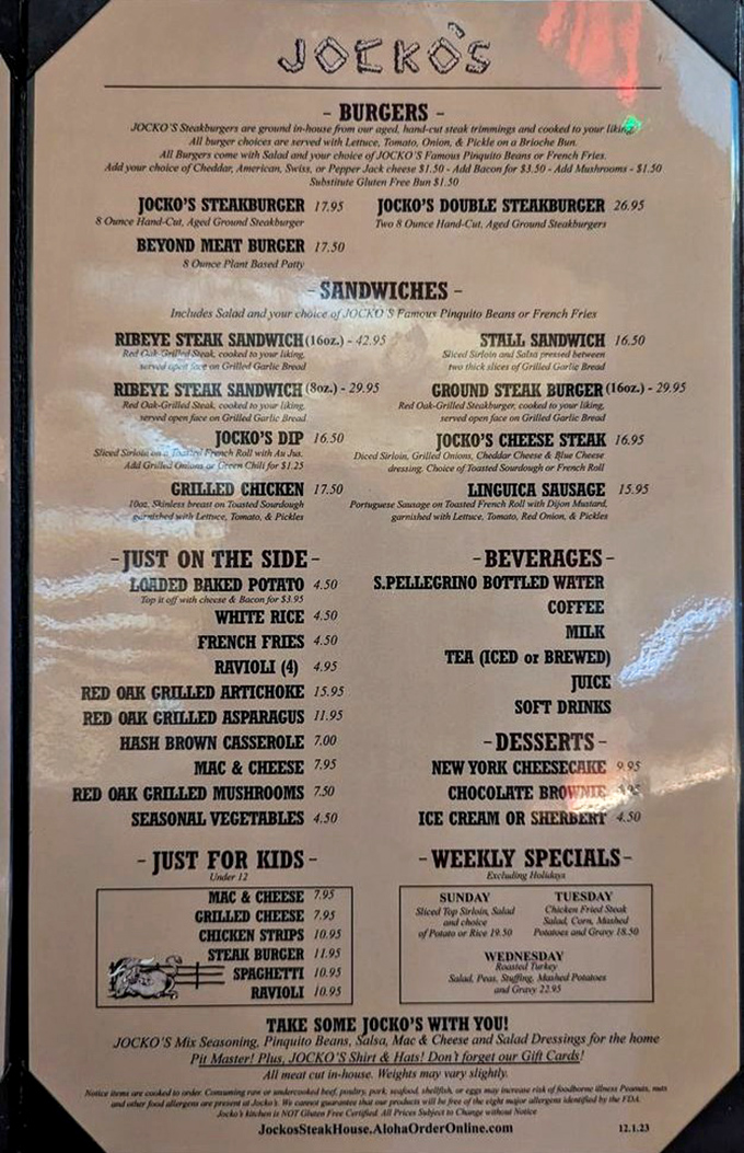 A menu that gets straight to the point: meat cooked over fire, served with sides that know their supporting role. Shakespeare wrote fewer masterpieces than are listed here.