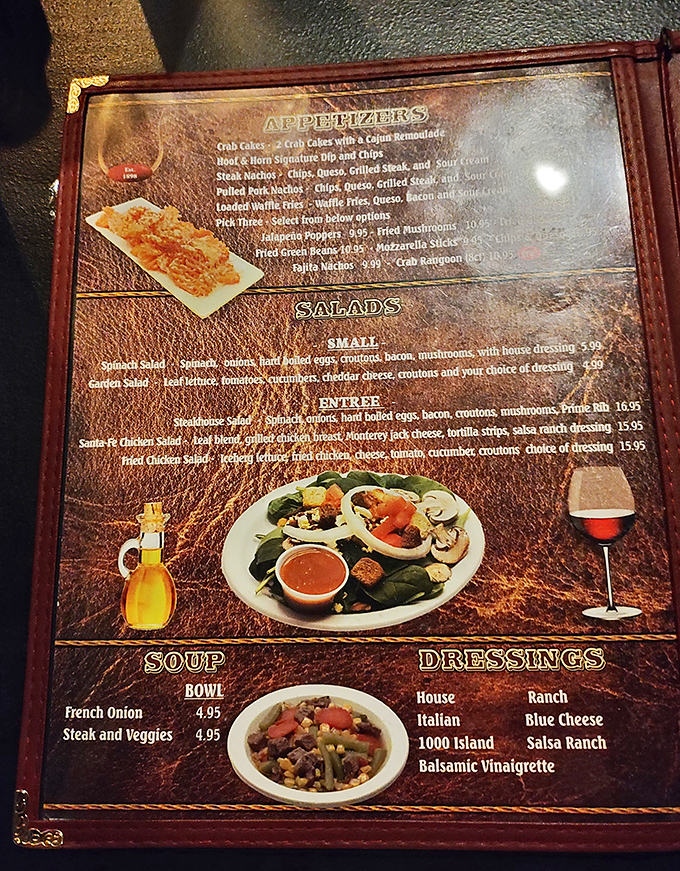 The menu promises serious carnivore satisfaction with steaks that justify every mile of the drive.