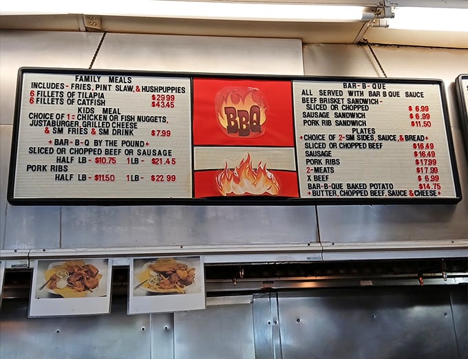 The menu board speaks the universal language of Texas comfort: family meals, BBQ by the pound, and catfish that'll make you weak in the knees.