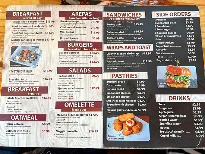 The menu reads like a love letter to breakfast enthusiasts, with everything from Belgian pancakes to Venezuelan tequeños proving that morning meals know no borders.