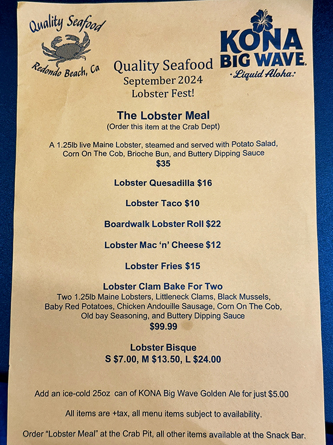 The Lobster Fest menu reads like a love letter to crustaceans. From lobster quesadillas to lobster mac 'n' cheese, it's Maine's finest having a California party.