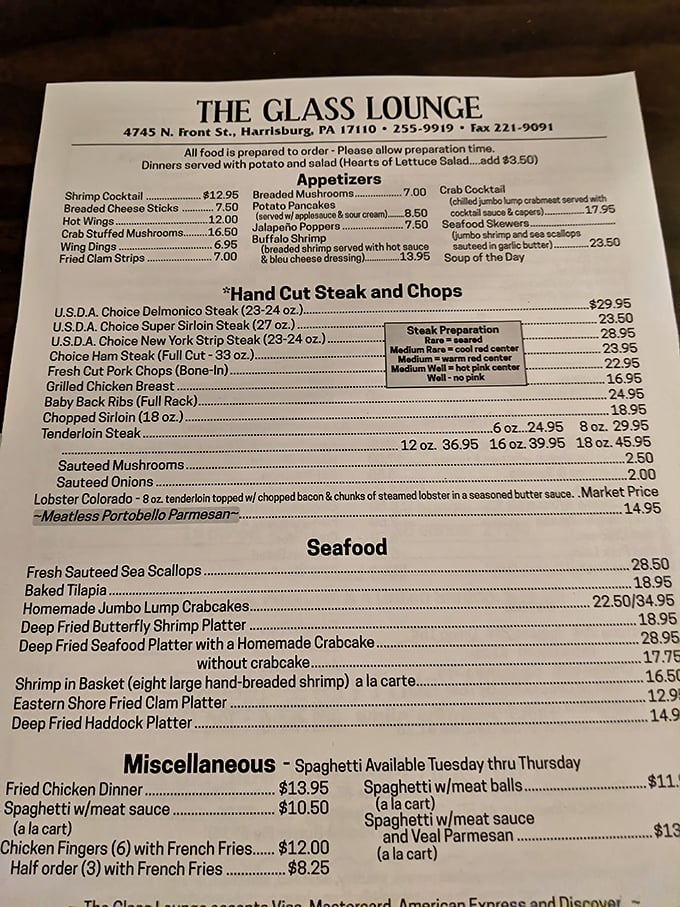 A menu that reads like poetry to meat lovers. Notice how "Hand Cut" is proudly displayed&mdash;because in Pennsylvania, precision matters.