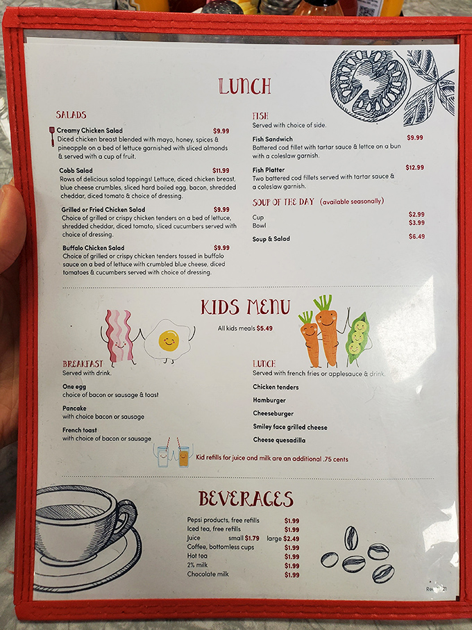 A menu that doesn't overwhelm but still promises adventure. The illustrated kids' menu with smiling bacon might be the cutest thing since sliced bread.