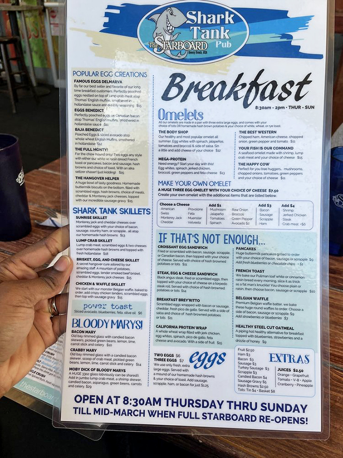 The Shark Tank breakfast menu reads like a love letter to morning indulgence, where "Famous Eggs Delmarva" and creative Bloody Marys promise to vanquish even the mightiest hangover. 