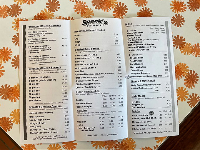 The menu at Speck's reads like a love letter to classic American fare. That "100 pieces" option? That's not a typo, folks!