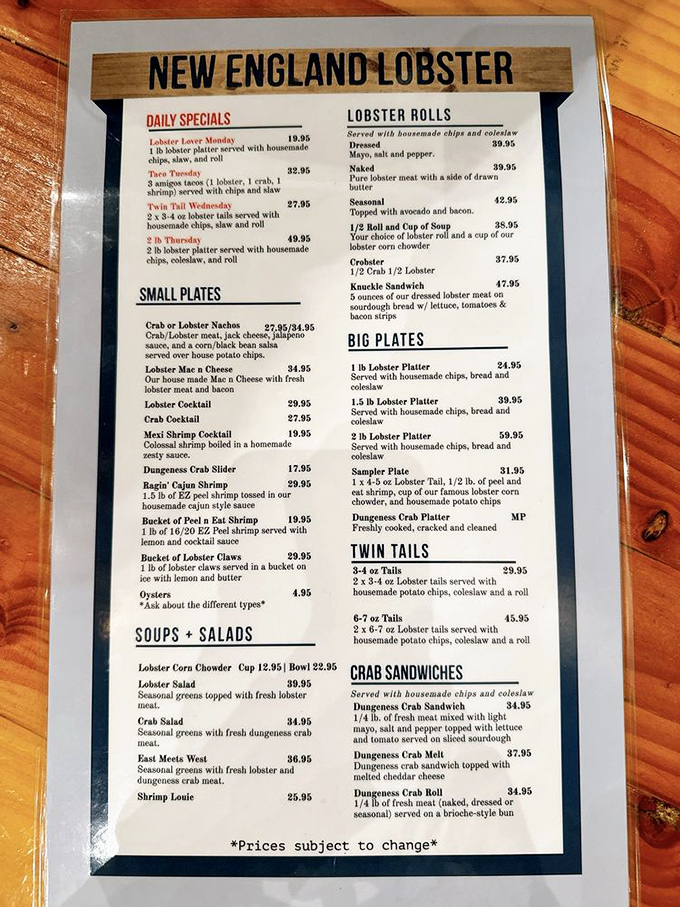 This menu isn't just a list&mdash;it's a treasure map to crustacean nirvana. The "Bucket of Lobster Claws" sounds less like food and more like a delicious challenge.