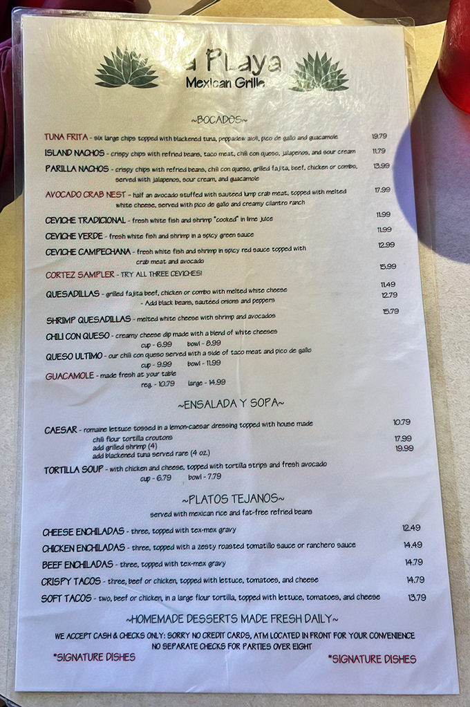 The menu reads like a love letter to authentic Mexican cuisine, with fresh ceviches and homemade specialties galore.