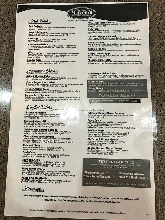 A menu that reads like a love letter to Italian-American classics, with enough brewpub favorites to ensure decision paralysis is your first course.
