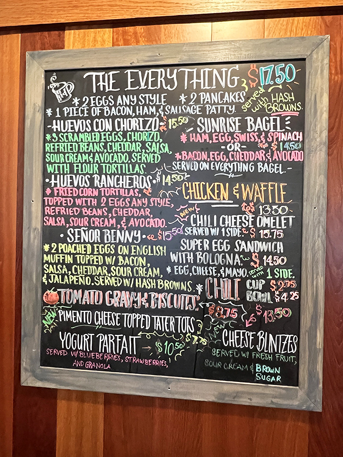 This chalkboard menu isn't just a list&mdash;it's a roadmap to breakfast nirvana. The "Everything" option isn't kidding around.