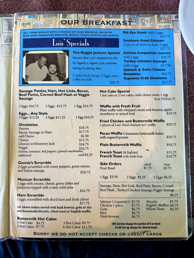 This menu isn't just a list of dishes—it's a historical document chronicling decades of Oakland comfort food traditions.