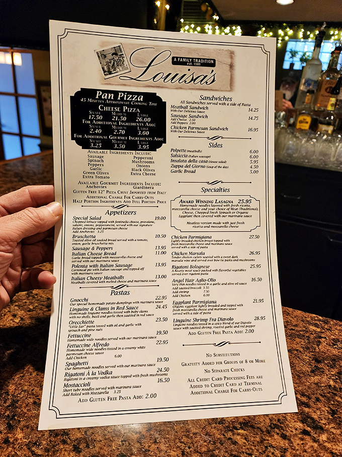 A menu that hasn't needed a trendy redesign in decades. When you've perfected lasagna, why mess with success?