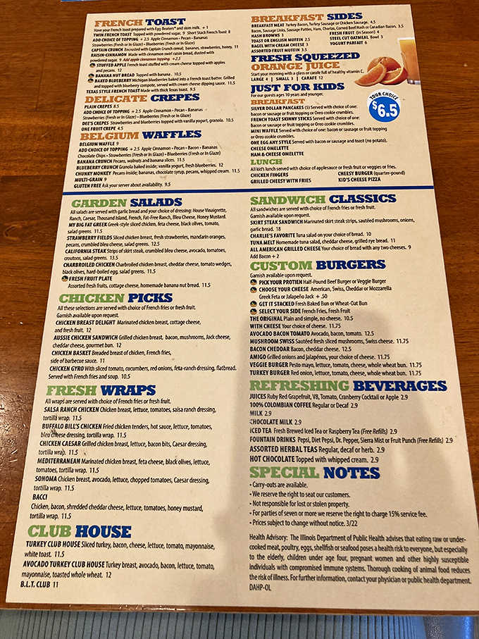 A menu that requires strategic planning. Like a breakfast treasure map, each section promises delicious adventures for the hungry explorer.