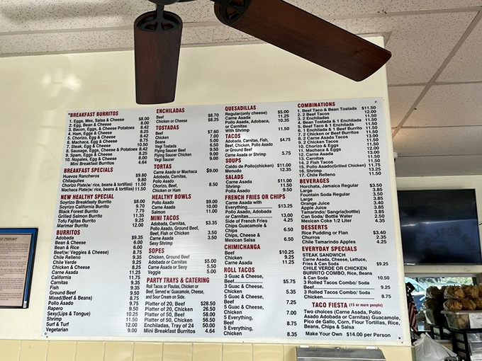 A menu board that reads like a love letter to Mexican cuisine. Each item represents a potential life-changing experience wrapped in a tortilla.