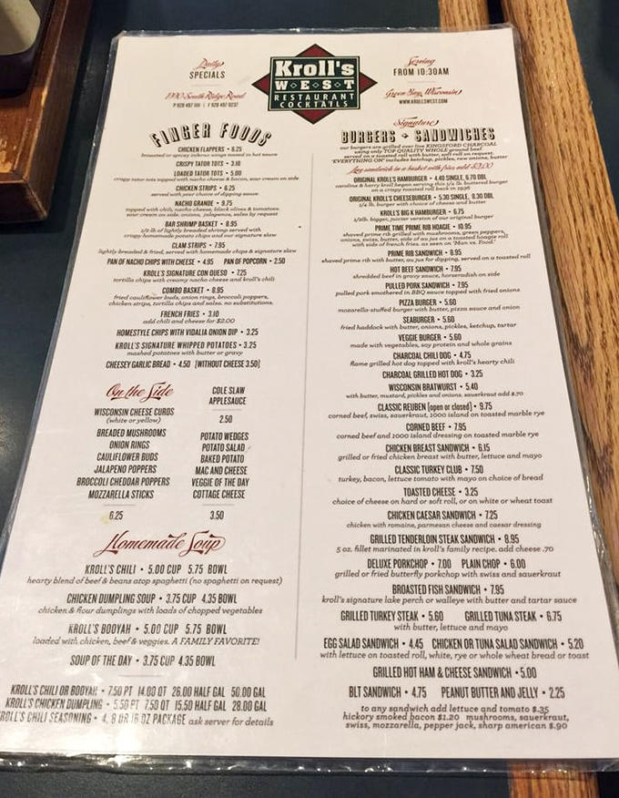 A menu that reads like a love letter to Wisconsin comfort food. No molecular gastronomy here, just decades of perfected classics.