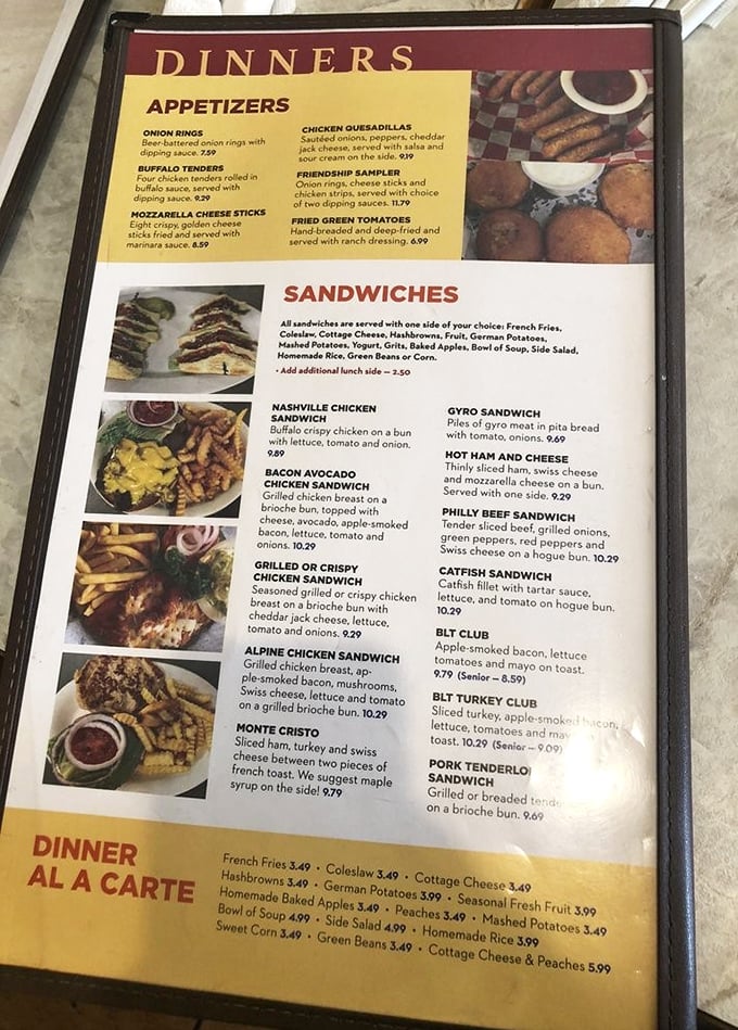 The menu reads like a love letter to American comfort food classics, with the Monte Cristo sandwich practically winking at you.