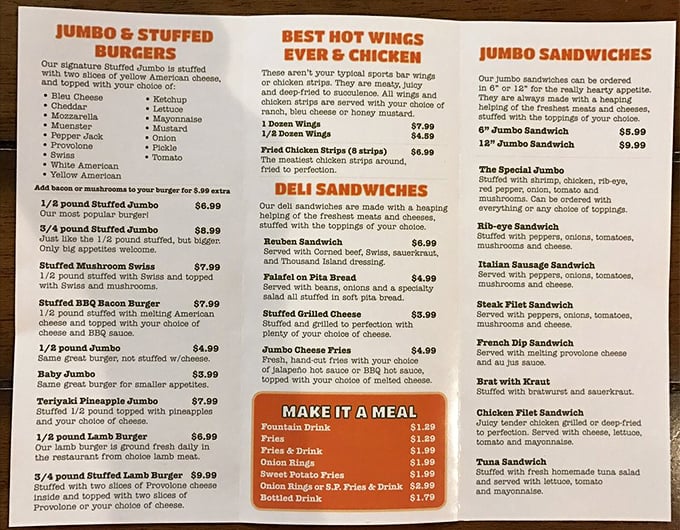 A menu that doesn't mess around &ndash; when they say "Jumbo," they mean it. Reading these options is like getting a permission slip to abandon your diet for the day.