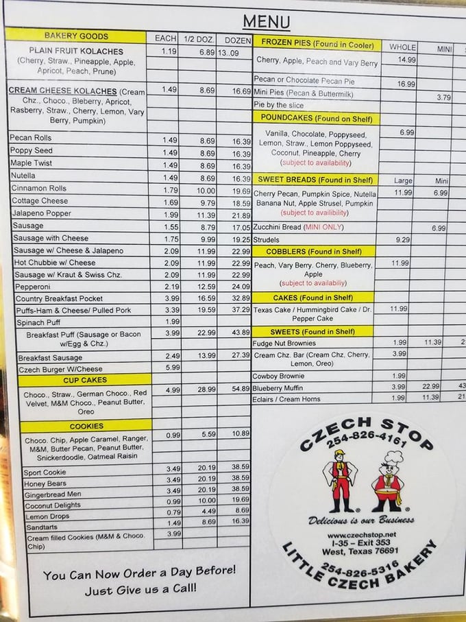 This menu isn't just a list &ndash; it's a roadmap to happiness. The kolache varieties alone could keep you coming back for weeks.