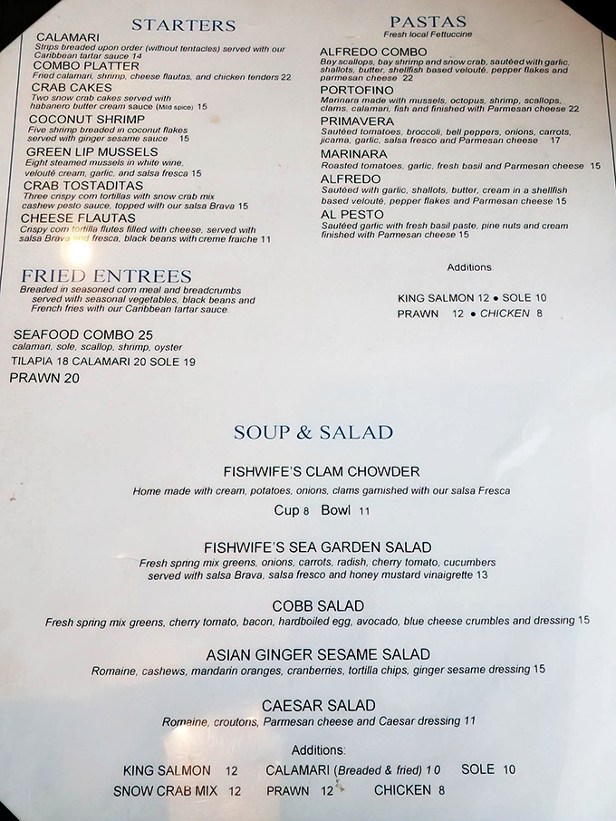 A menu that reads like a love letter to the ocean, featuring everything from classic fish and chips to creative pasta combinations.